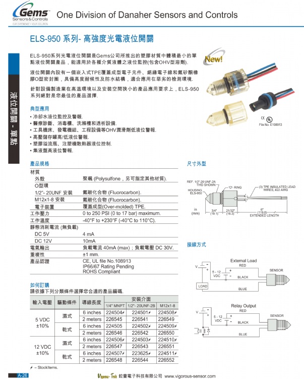 Asia Machinery.net - ELS-950 Series Rugged Electro-Optic Level Sensor - Vigorous Technology Co ...