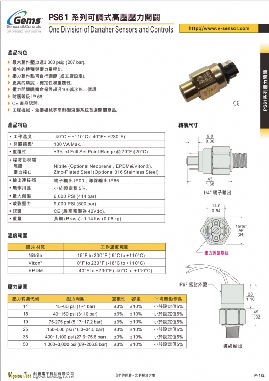 Asia Machinery.net 亞洲機械網 - PS61系列可調式高壓壓力開關 - 鉝豐電子科技有限公司